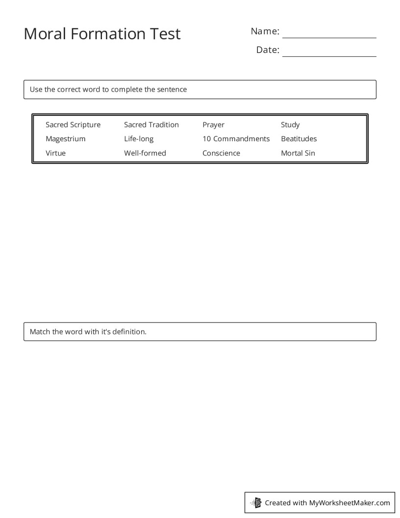 Moral Formation Test - My Worksheet Maker: Create Your Own Worksheets