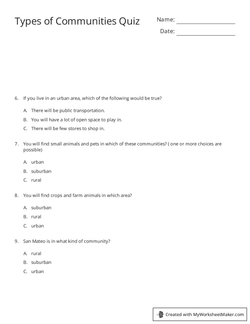 Types of Communities Quiz - My Worksheet Maker: Create Your Own Worksheets