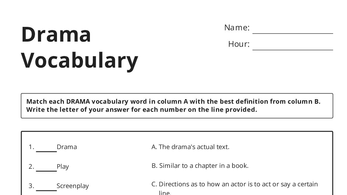 Drama Vocabulary - My Worksheet Maker: Create Your Own Worksheets