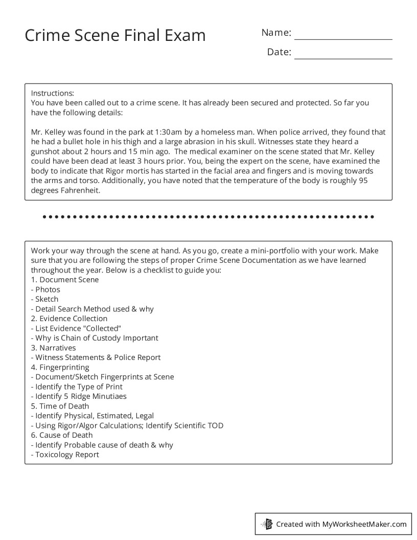 Crime Scene Final Exam - My Worksheet Maker: Create Your Own Worksheets