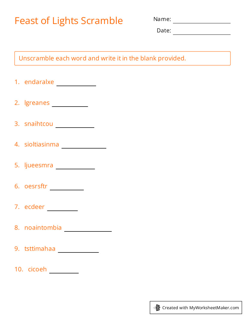Feast of Lights Scramble - My Worksheet Maker: Create Your Own Worksheets