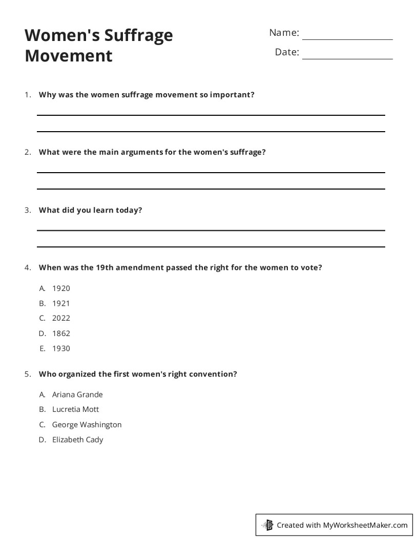Women's Suffrage Movement - My Worksheet Maker: Create Your Own Worksheets