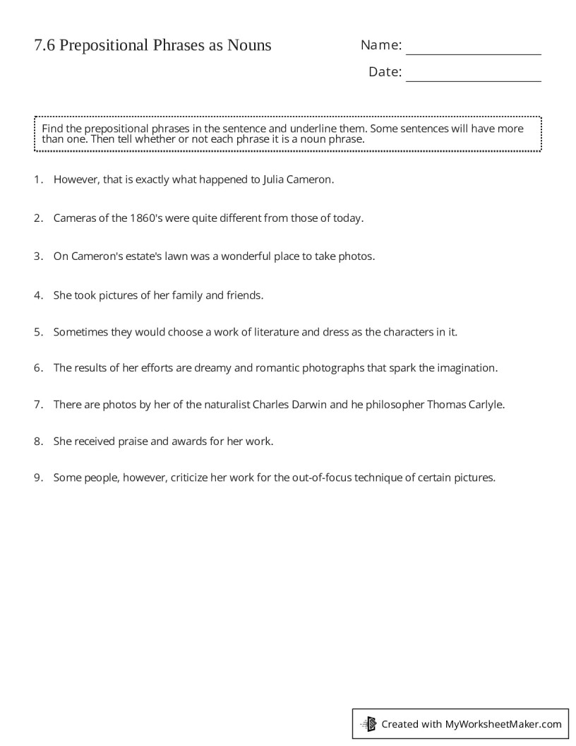 7.6 Prepositional Phrases as Nouns - My Worksheet Maker: Create Your ...