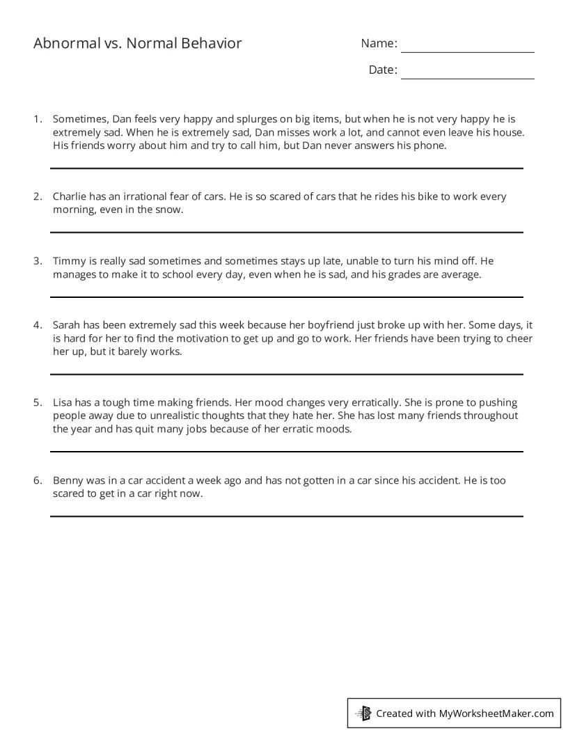 Abnormal vs. Normal Behavior - My Worksheet Maker: Create Your Own ...