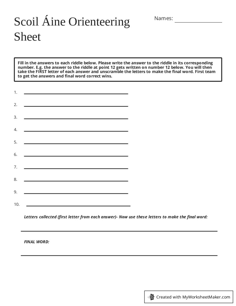 Scoil Áine Orienteering Sheet - My Worksheet Maker: Create Your Own ...