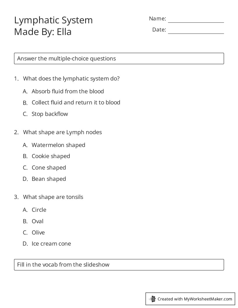 Lymphatic System Made By: Ella - My Worksheet Maker: Create Your Own ...