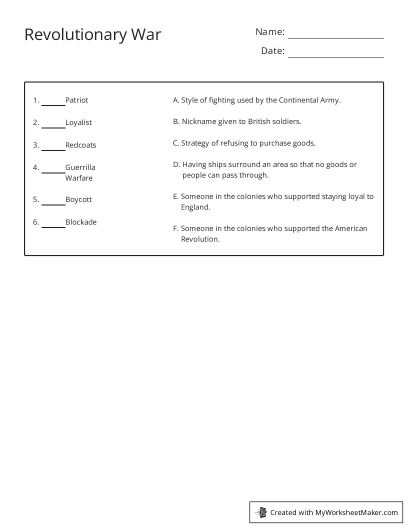 Revolutionary War - My Worksheet Maker: Create Your Own Worksheets