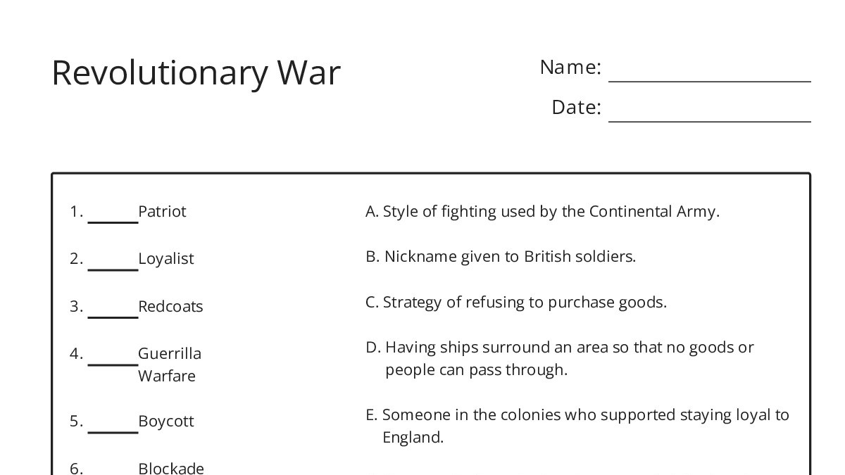 Revolutionary War - My Worksheet Maker: Create Your Own Worksheets