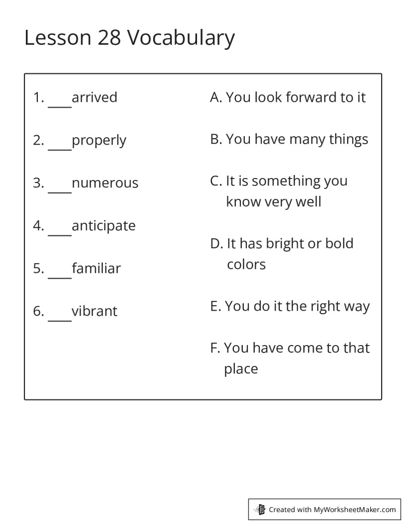 Lesson 28 Vocabulary - My Worksheet Maker: Create Your Own Worksheets