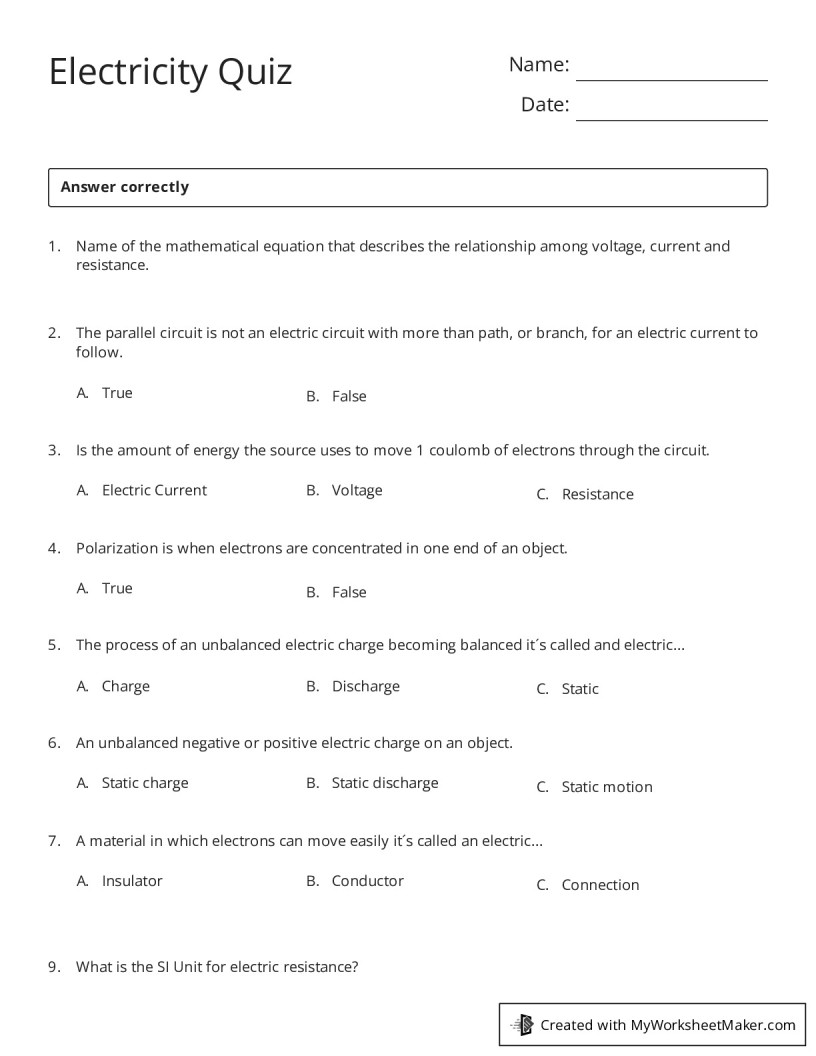 Electricity Quiz - My Worksheet Maker: Create Your Own Worksheets