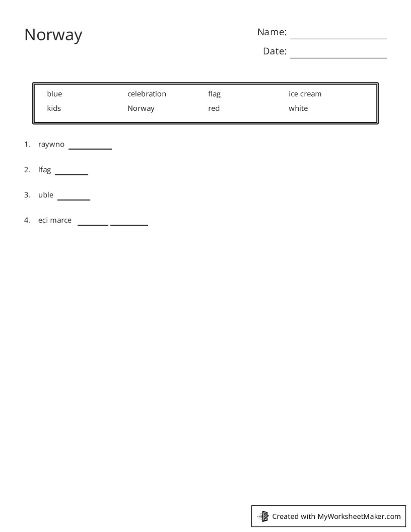 Norway - My Worksheet Maker: Create Your Own Worksheets