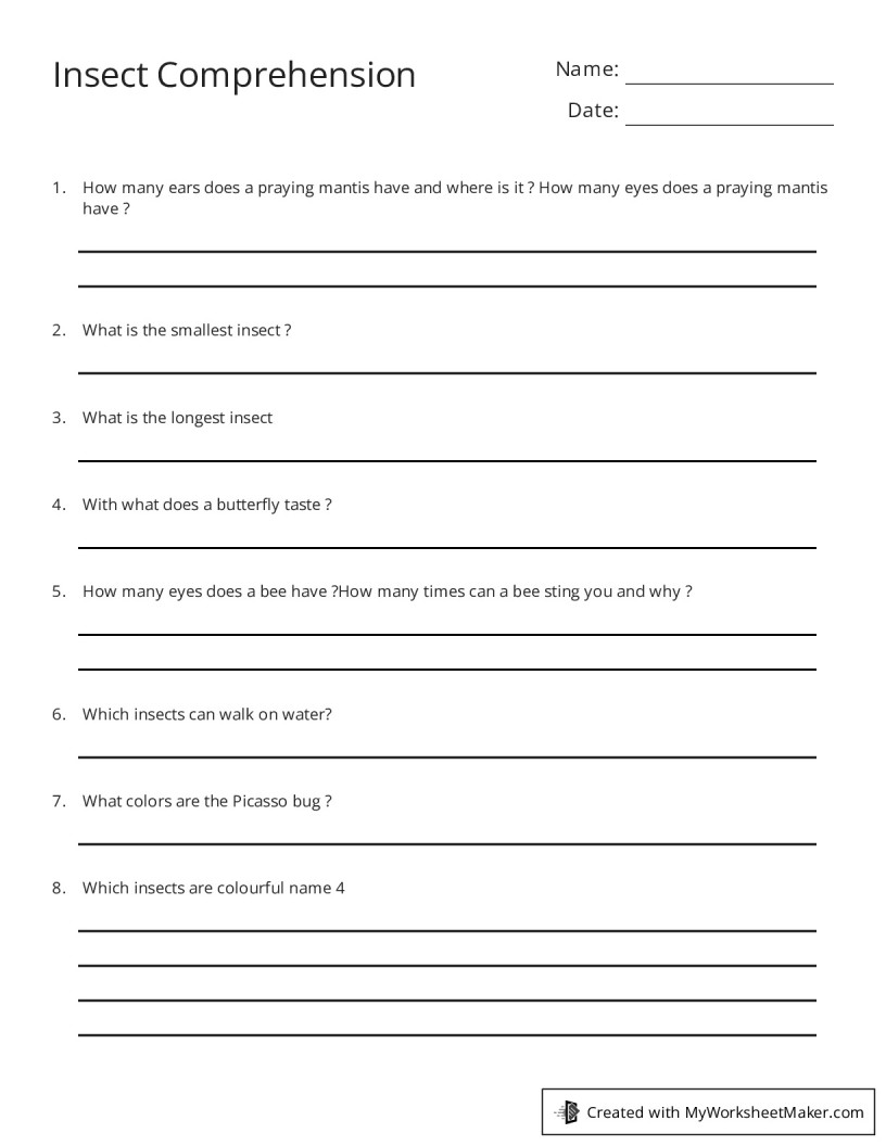 Insect Comprehension - My Worksheet Maker: Create Your Own Worksheets