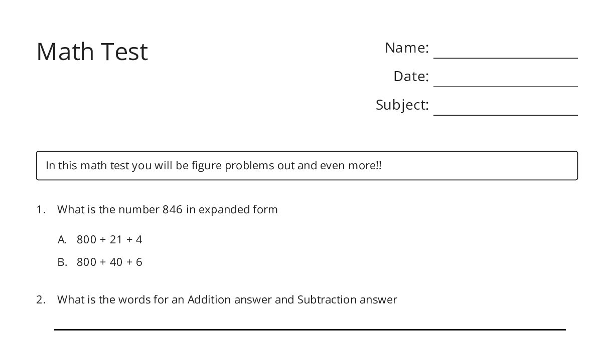 Math Test - My Worksheet Maker: Create Your Own Worksheets
