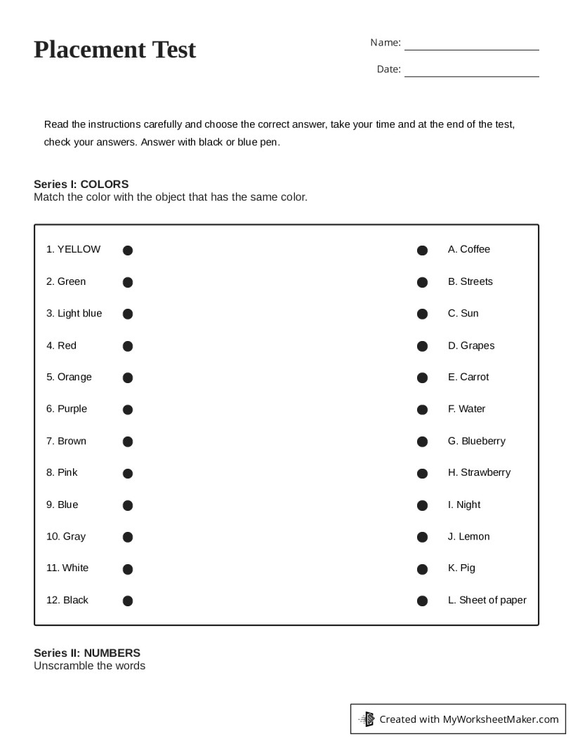 Placement Test - My Worksheet Maker: Create Your Own Worksheets