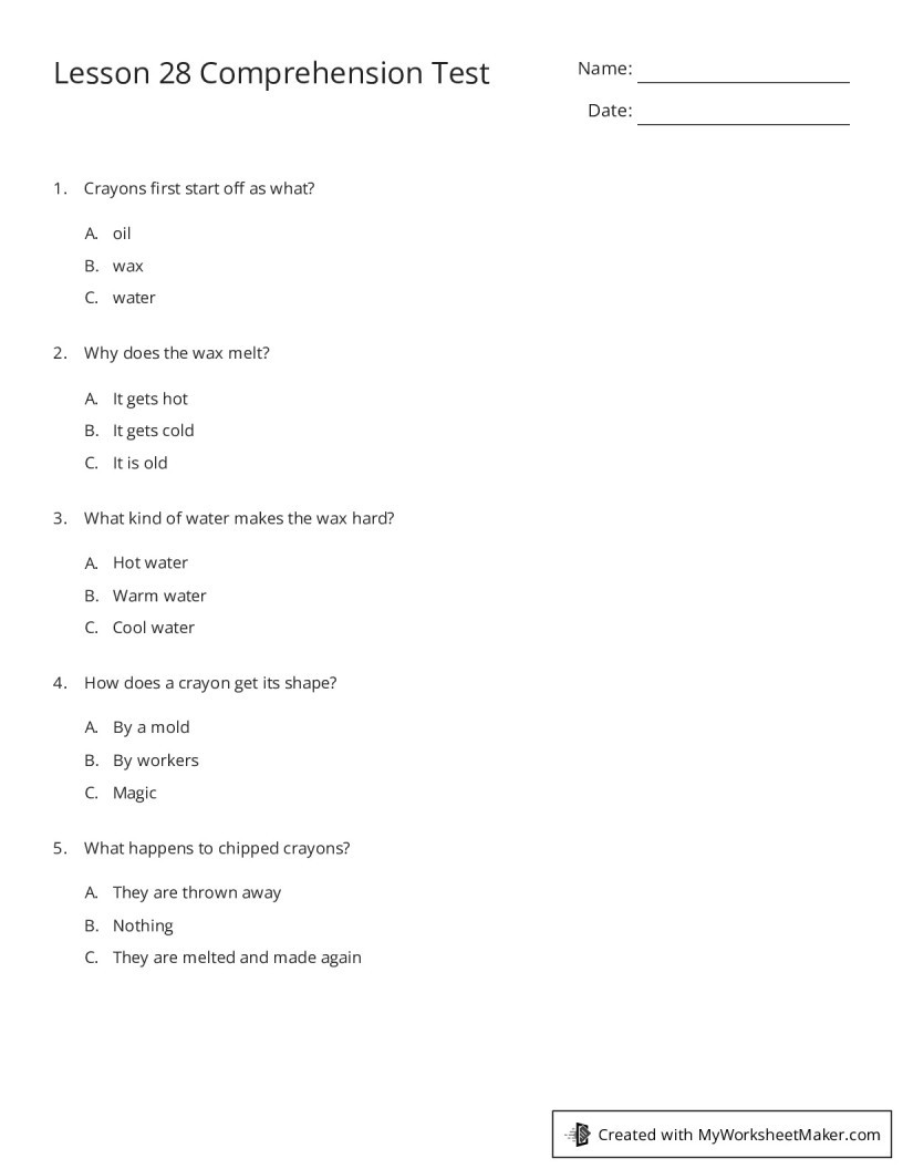 Lesson 28 Comprehension Test - My Worksheet Maker: Create Your Own ...