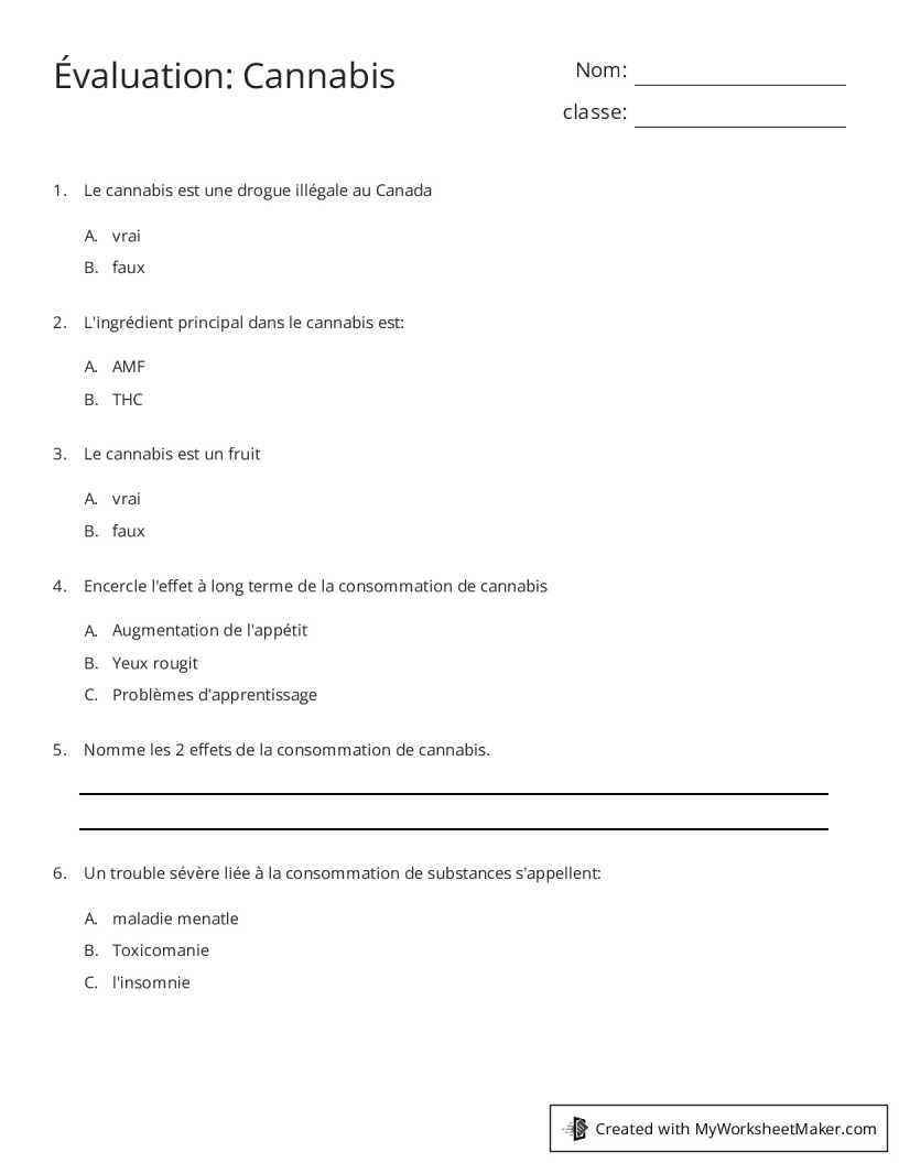 Évaluation: Cannabis - My Worksheet Maker: Create Your Own Worksheets