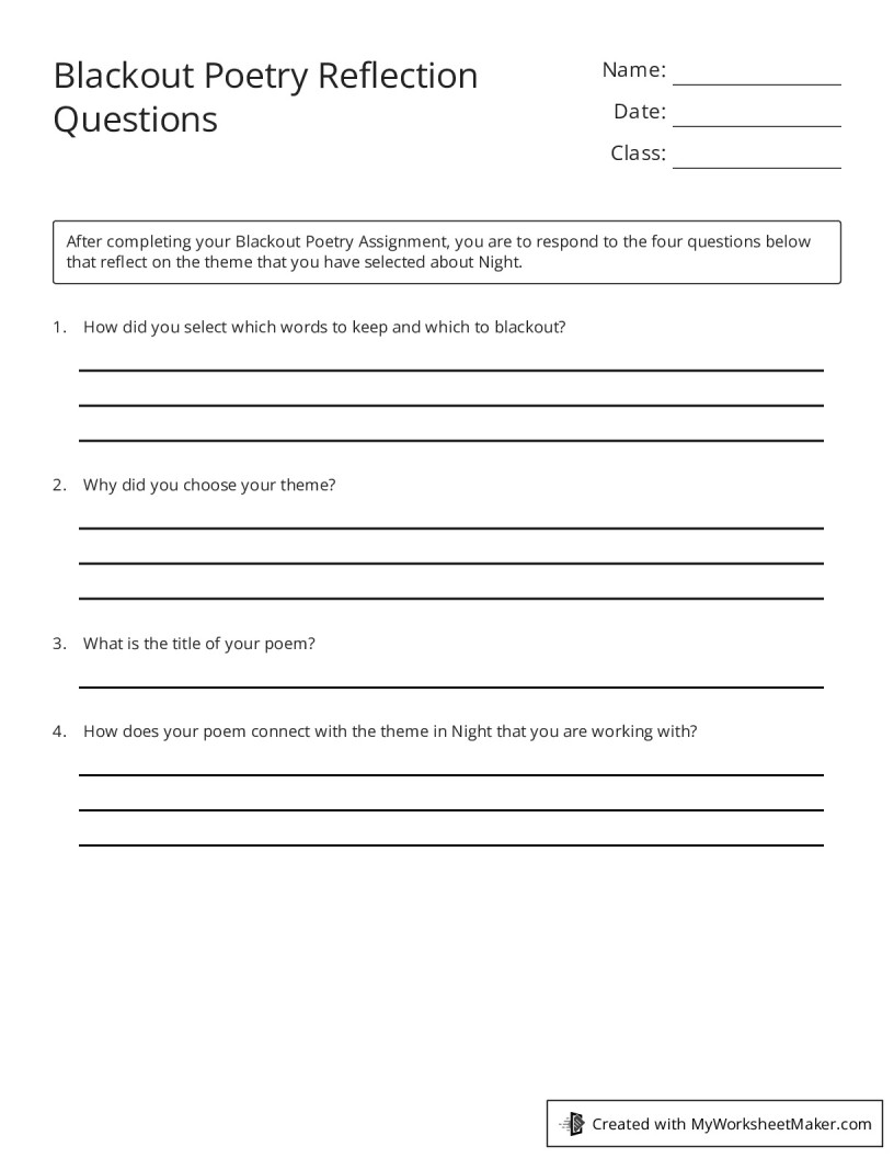 Blackout Poetry Reflection Questions - My Worksheet Maker: Create Your ...