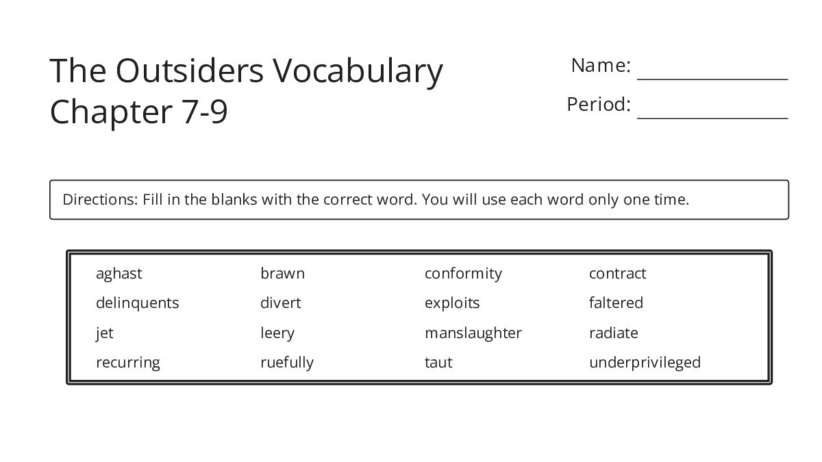 The Outsiders Vocabulary Chapter 7-9 - My Worksheet Maker: Create Your ...