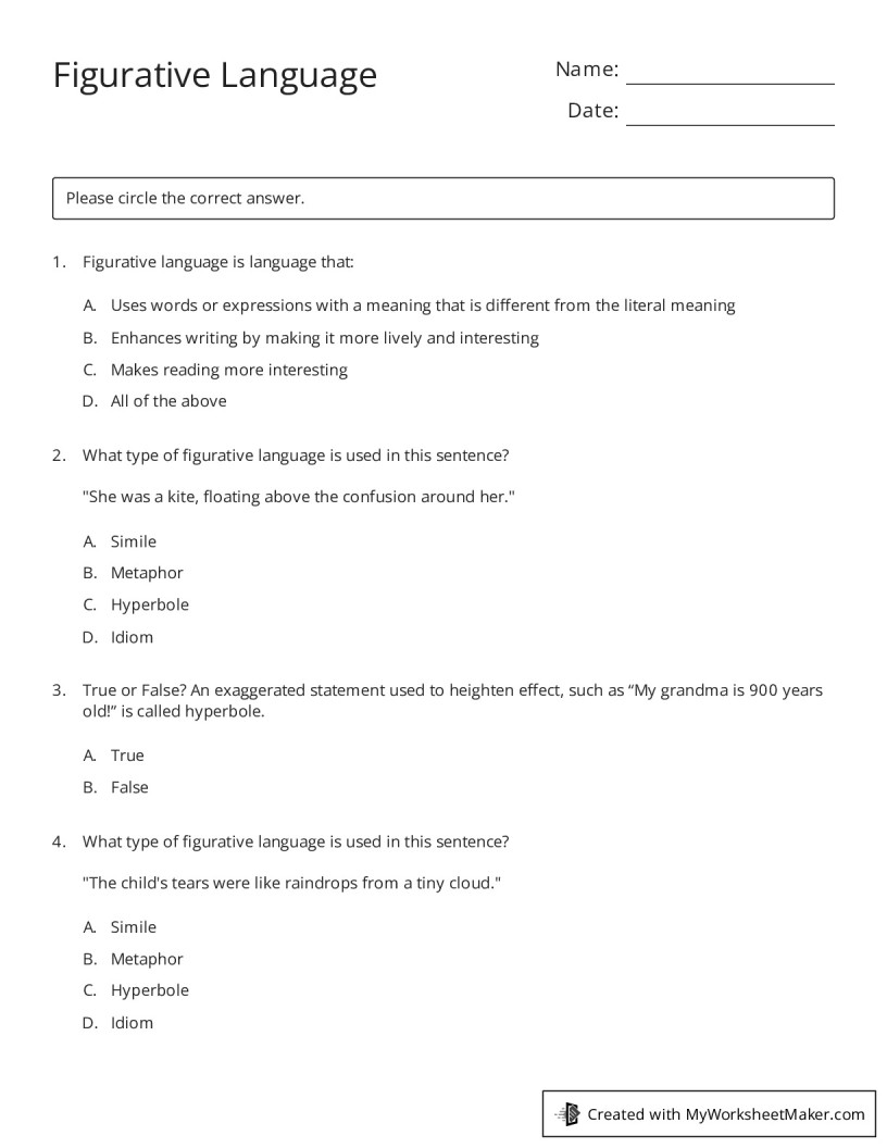 Figurative Language - My Worksheet Maker: Create Your Own Worksheets