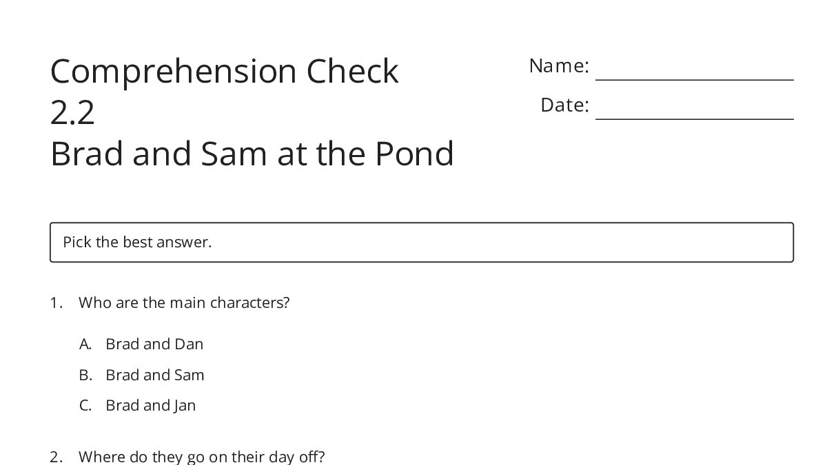 Comprehension Check 2.2 Brad and Sam at the Pond - My Worksheet Maker ...