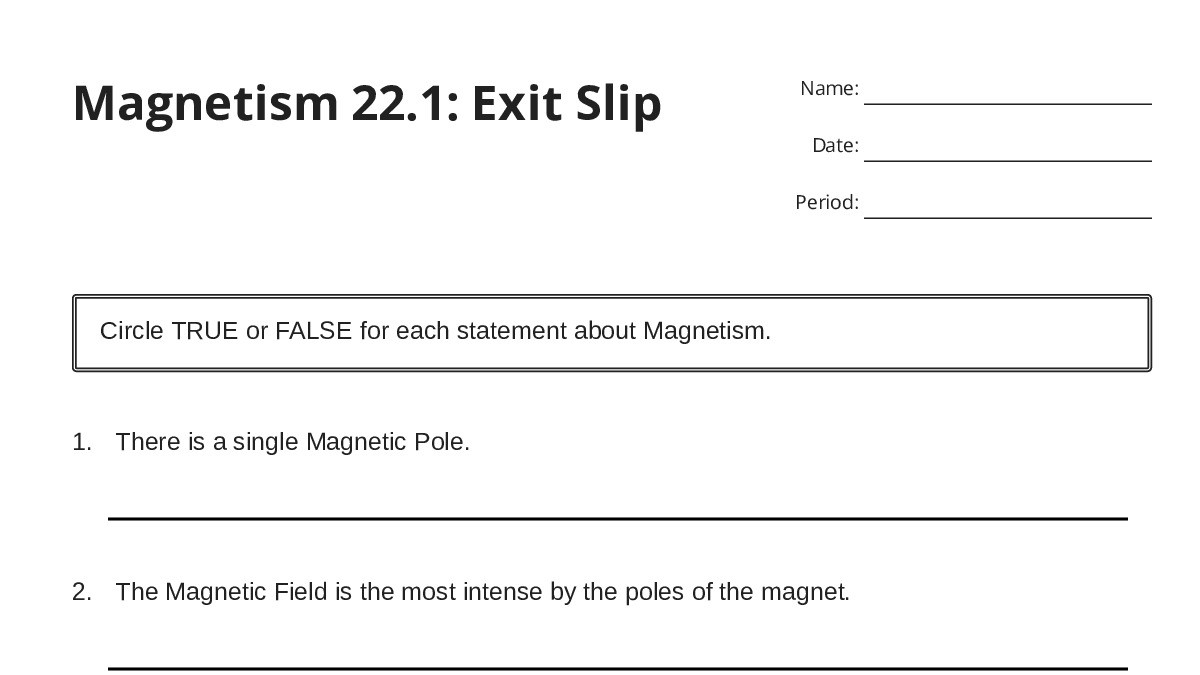Magnetism 22.1: Exit Slip - My Worksheet Maker: Create Your Own Worksheets