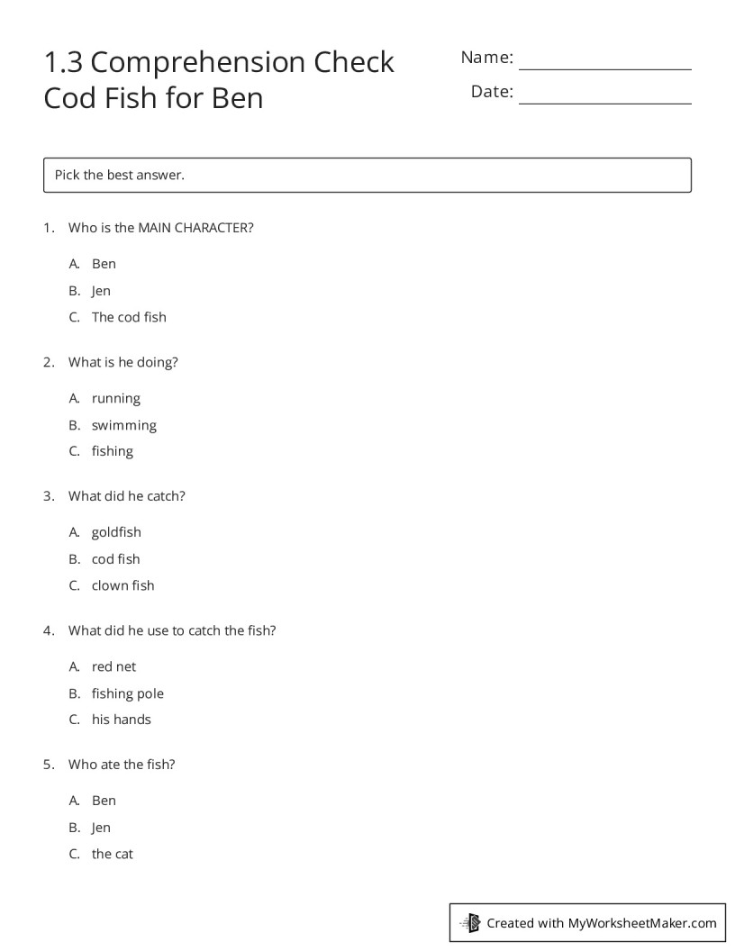 1.3 Comprehension CheckCod Fish for Ben - My Worksheet Maker: Create ...