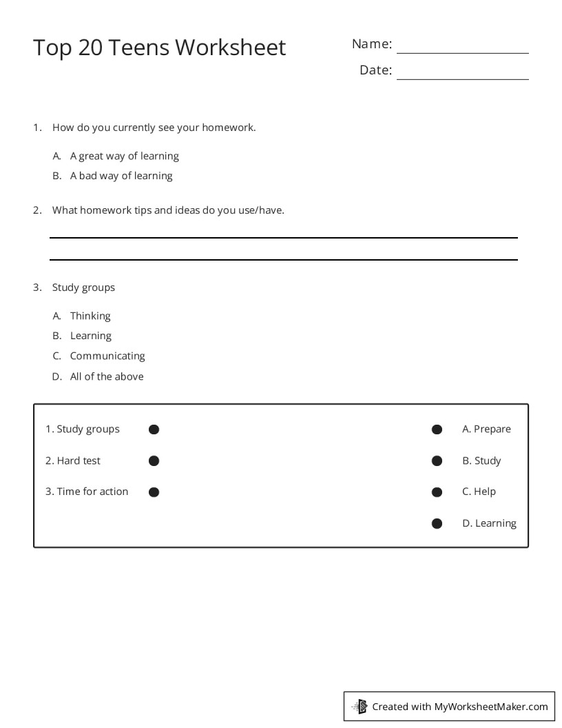 Top 20 Teens Worksheet - My Worksheet Maker: Create Your Own Worksheets