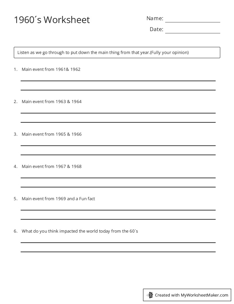 1960´s Worksheet - My Worksheet Maker: Create Your Own Worksheets