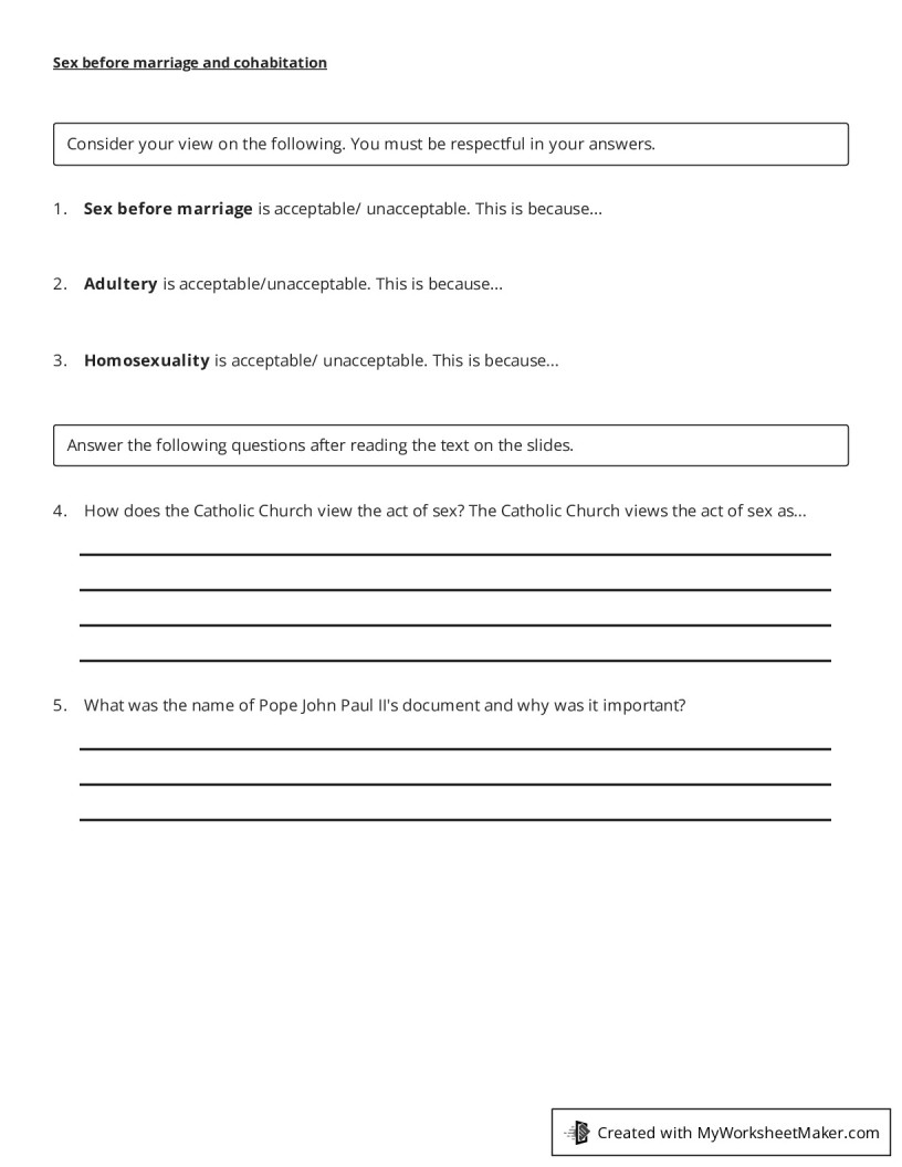 Sex Before Marriage And Cohabitation My Worksheet Maker Create Your Own Worksheets