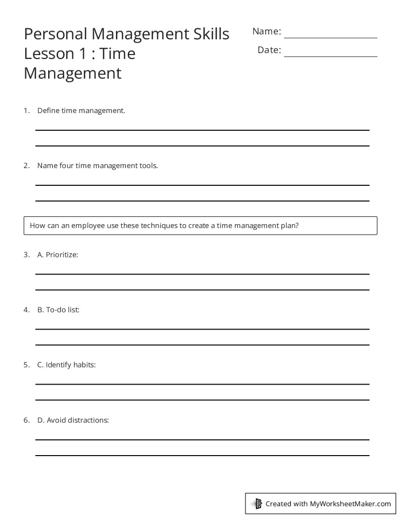 Personal Management SkillsLesson 1 : Time Management - My Worksheet ...