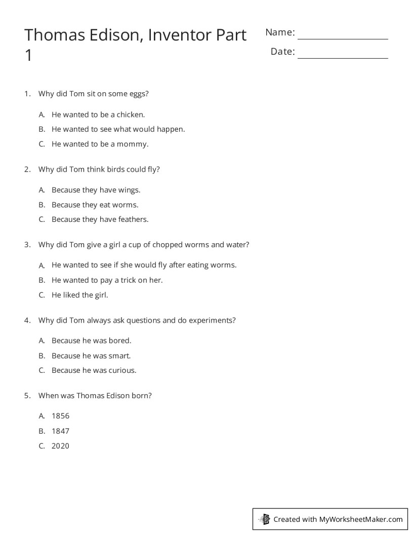 Thomas Edison, Inventor Part 1 - My Worksheet Maker: Create Your Own ...