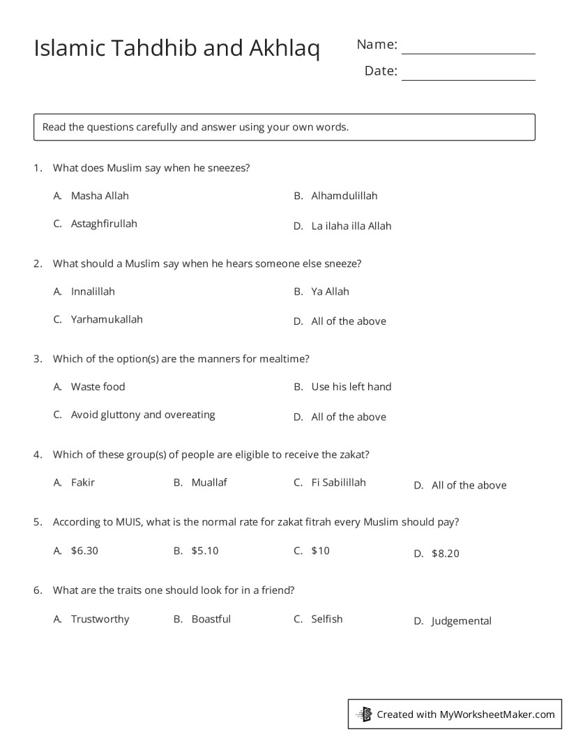 Islamic Tahdhib and Akhlaq - My Worksheet Maker: Create Your Own Worksheets