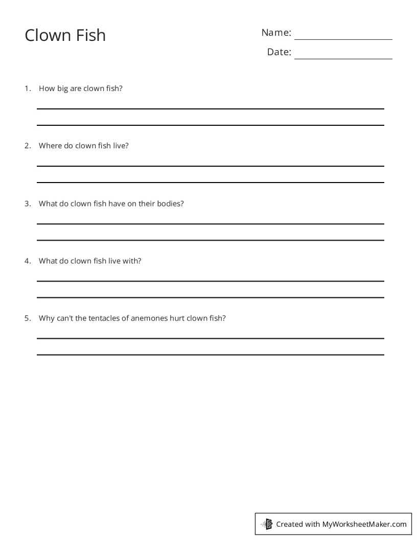 Clown Fish - My Worksheet Maker: Create Your Own Worksheets