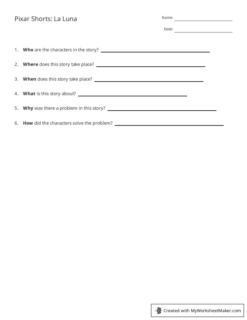 Pixar Shorts: La Luna - My Worksheet Maker: Create Your Own Worksheets