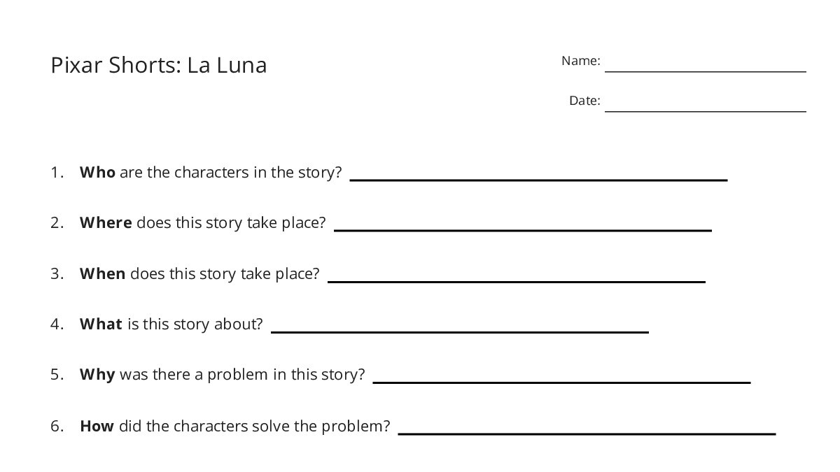 Pixar Shorts: La Luna - My Worksheet Maker: Create Your Own Worksheets