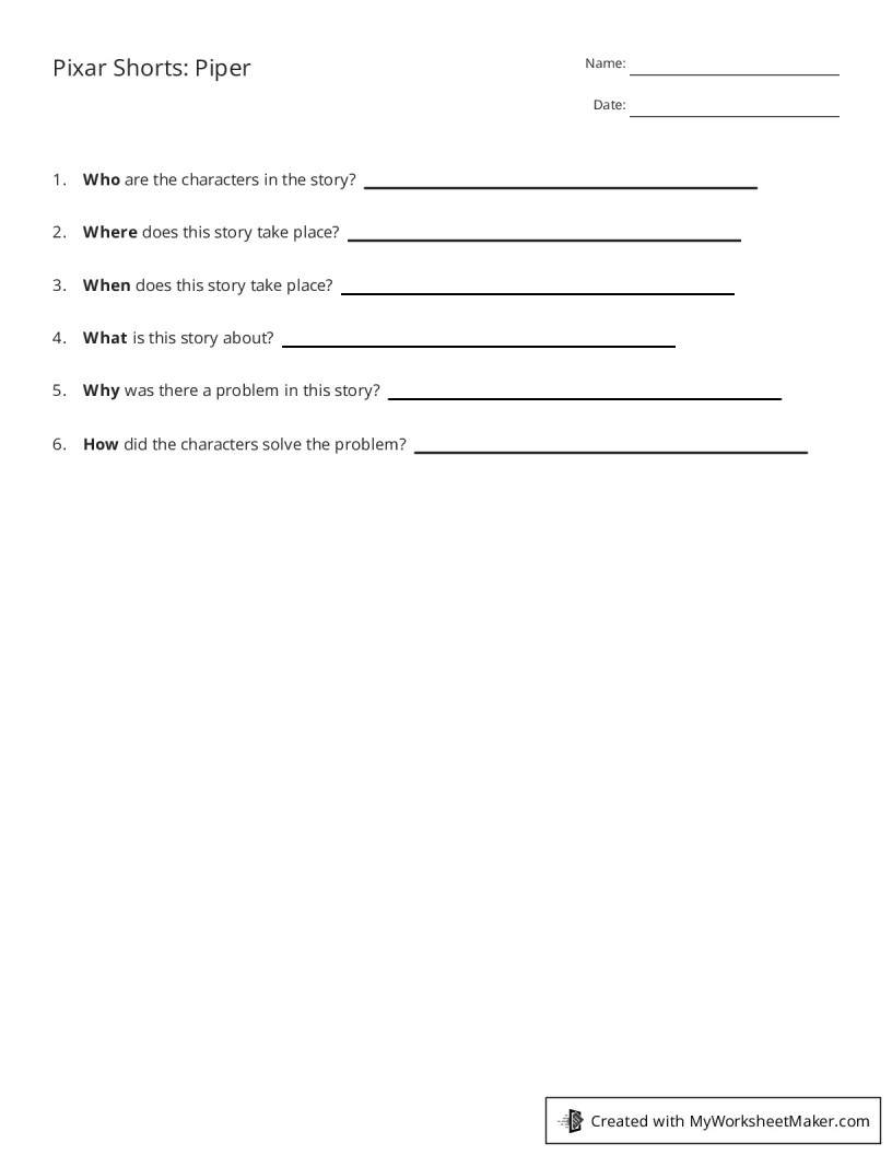 Pixar Shorts: Piper - My Worksheet Maker: Create Your Own Worksheets