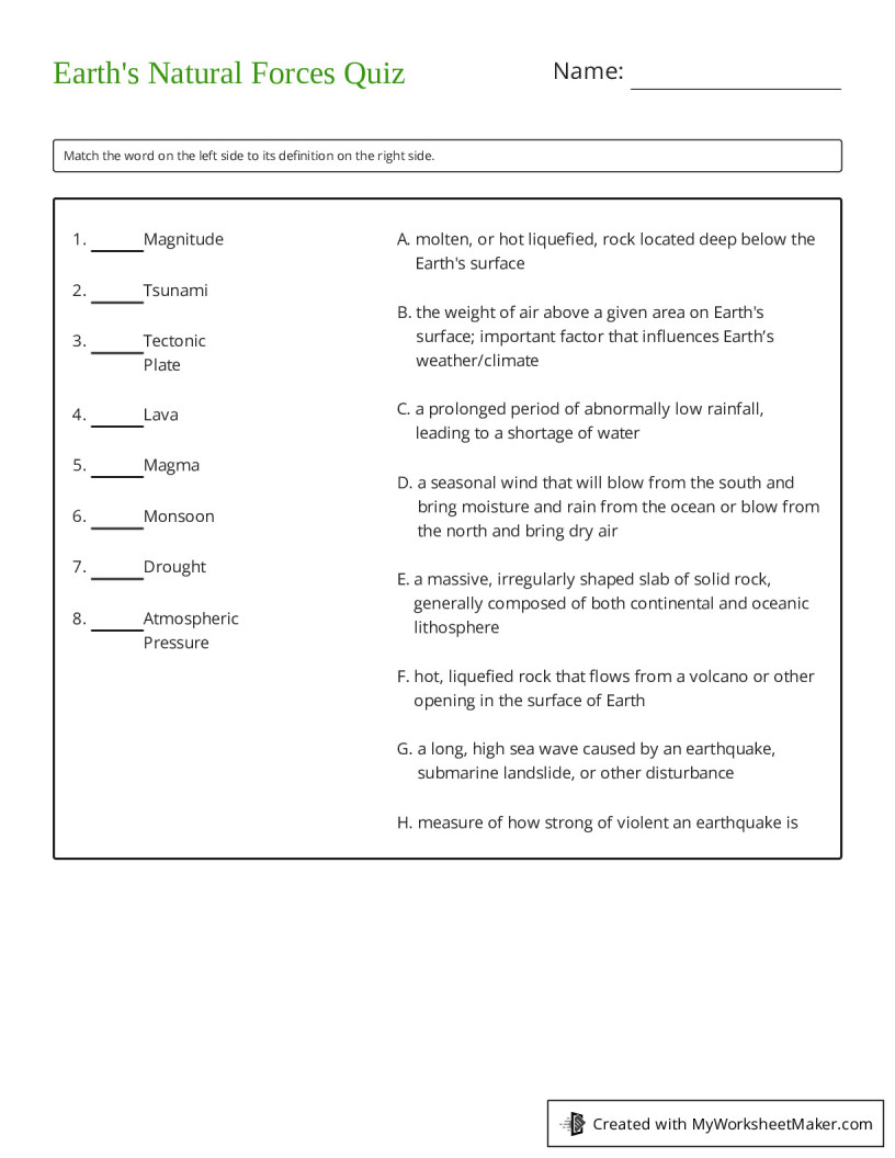 Earth's Natural Forces Quiz - My Worksheet Maker: Create Your Own ...