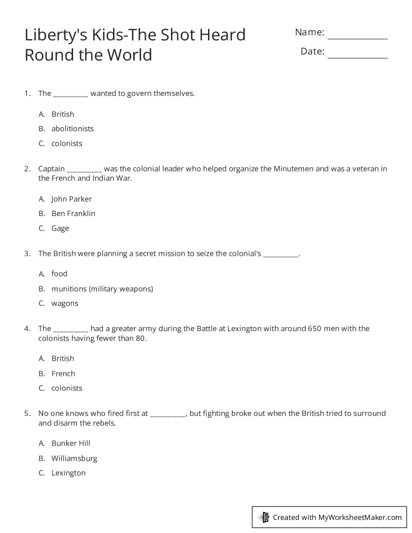Liberty's Kids-The Shot Heard Round the World - My Worksheet Maker ...