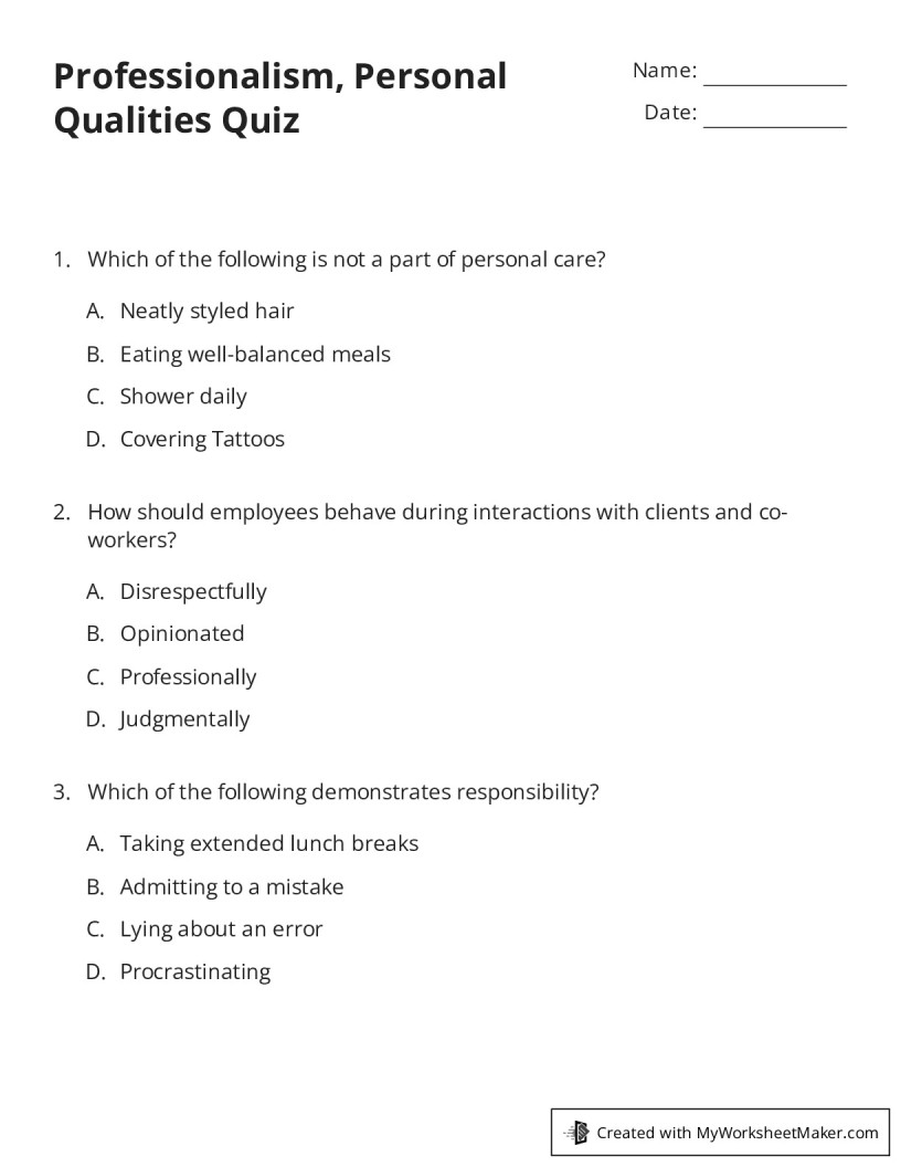 Professionalism, Personal Qualities Quiz - My Worksheet Maker: Create ...