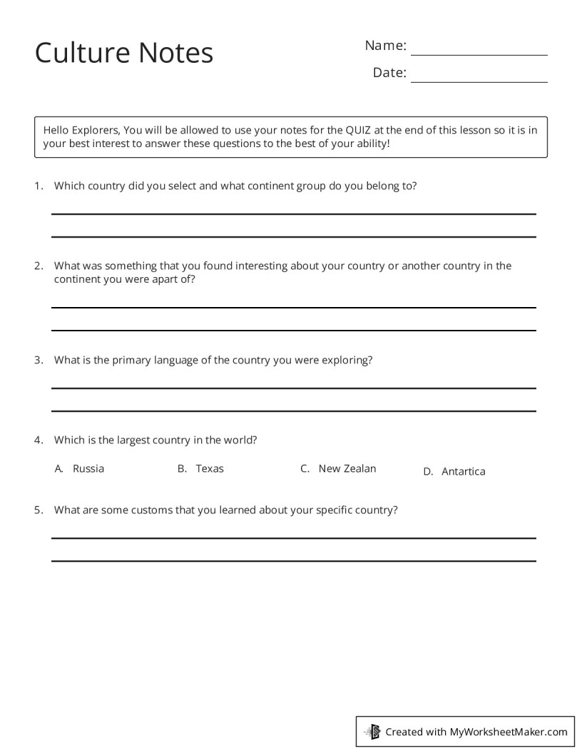 Culture Notes - My Worksheet Maker: Create Your Own Worksheets