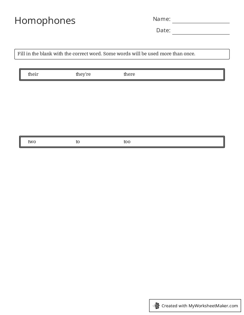 Homophones - My Worksheet Maker: Create Your Own Worksheets