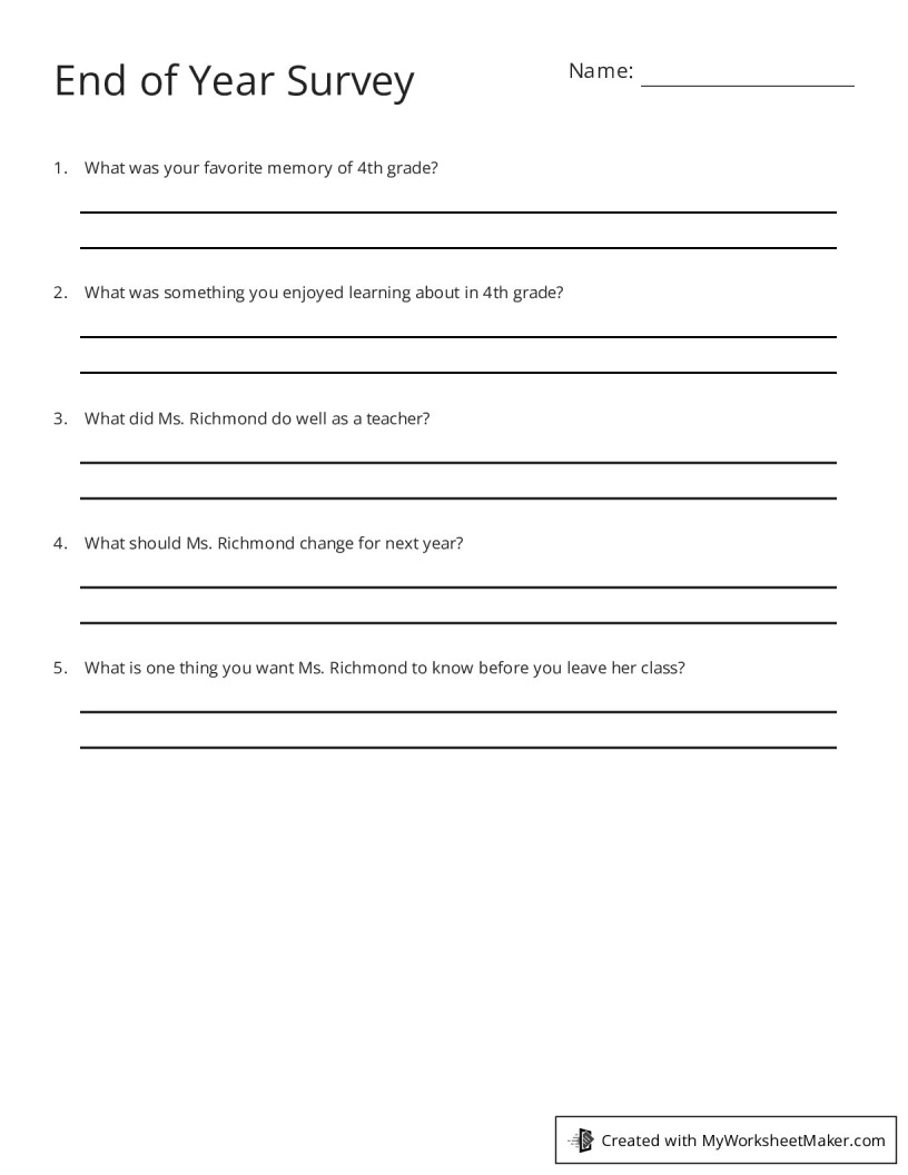 End of Year Survey - My Worksheet Maker: Create Your Own Worksheets