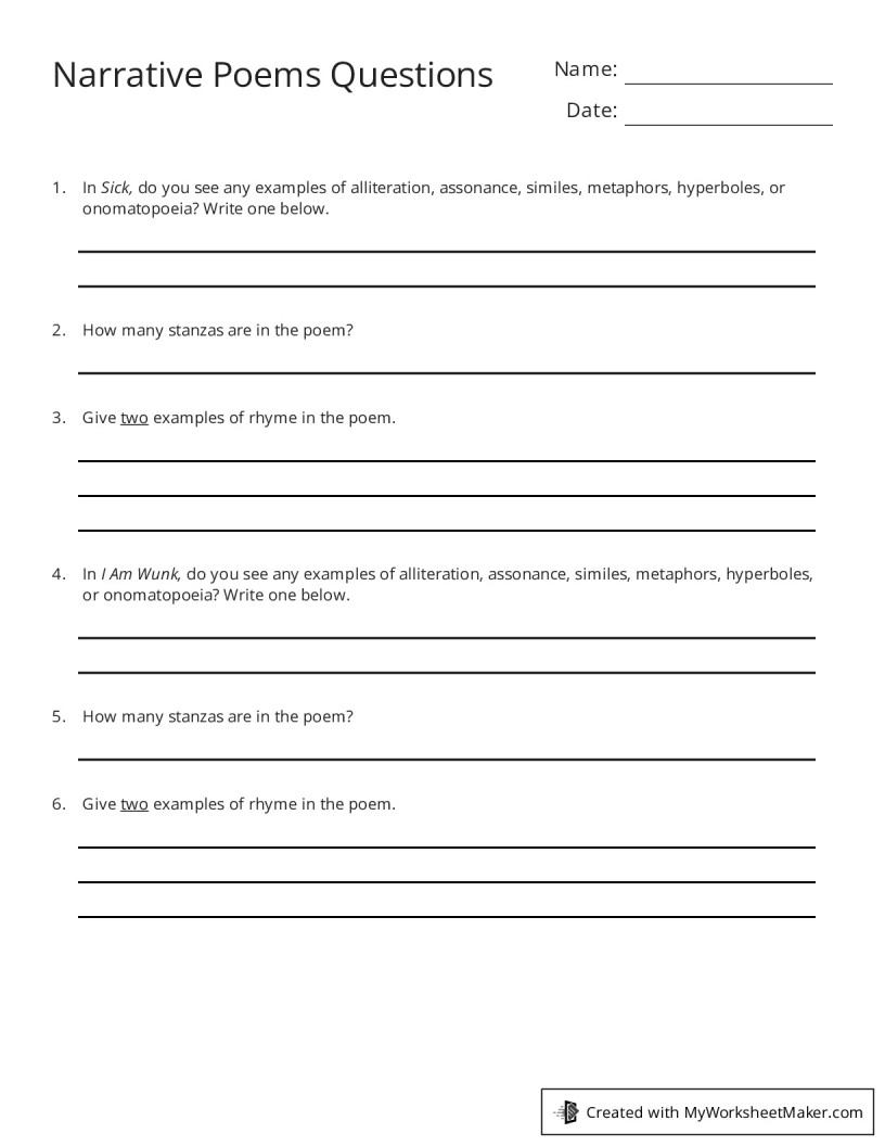 Narrative Poems Questions - My Worksheet Maker: Create Your Own Worksheets