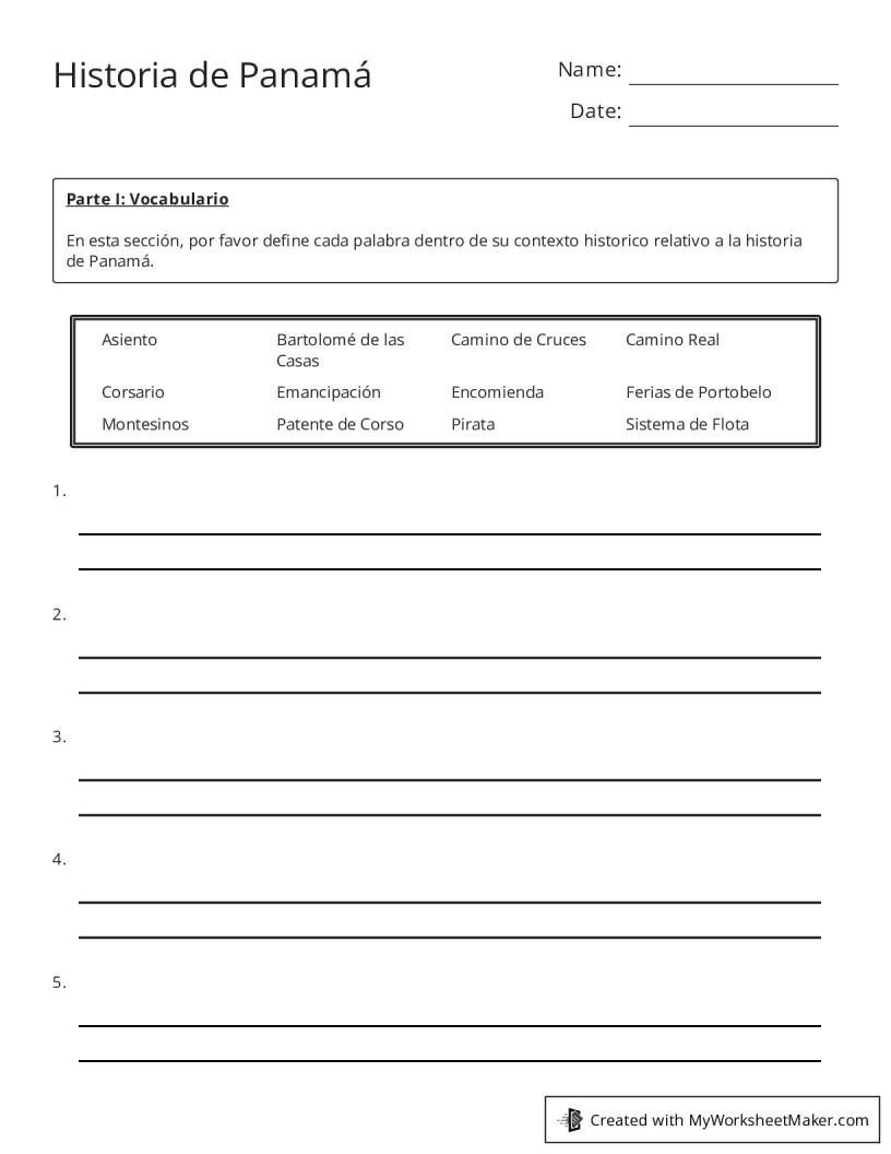 Historia de Panamá - My Worksheet Maker: Create Your Own Worksheets