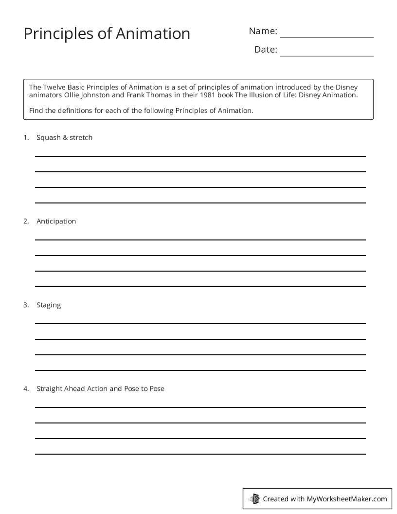 Principles of Animation - My Worksheet Maker: Create Your Own Worksheets