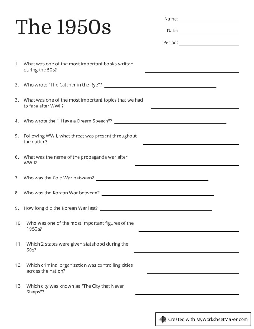 The 1950s - My Worksheet Maker: Create Your Own Worksheets
