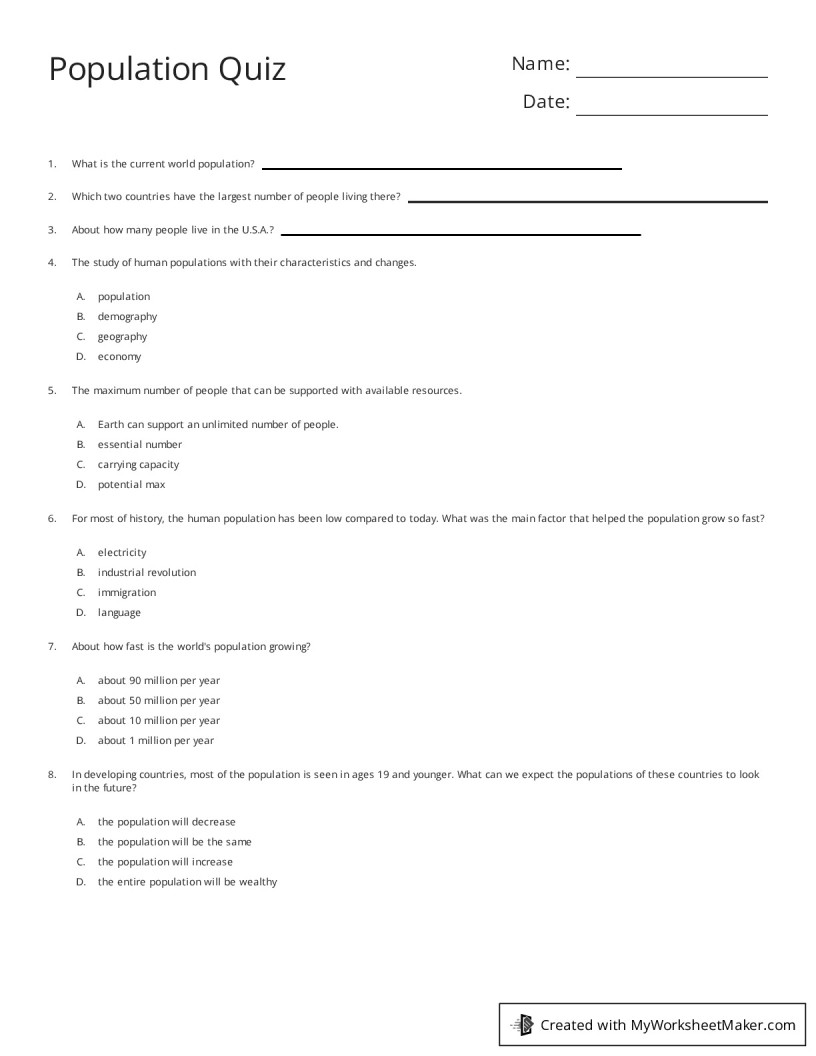 Population Quiz - My Worksheet Maker: Create Your Own Worksheets