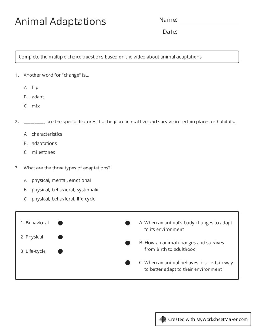 Animal Adaptations - My Worksheet Maker: Create Your Own Worksheets