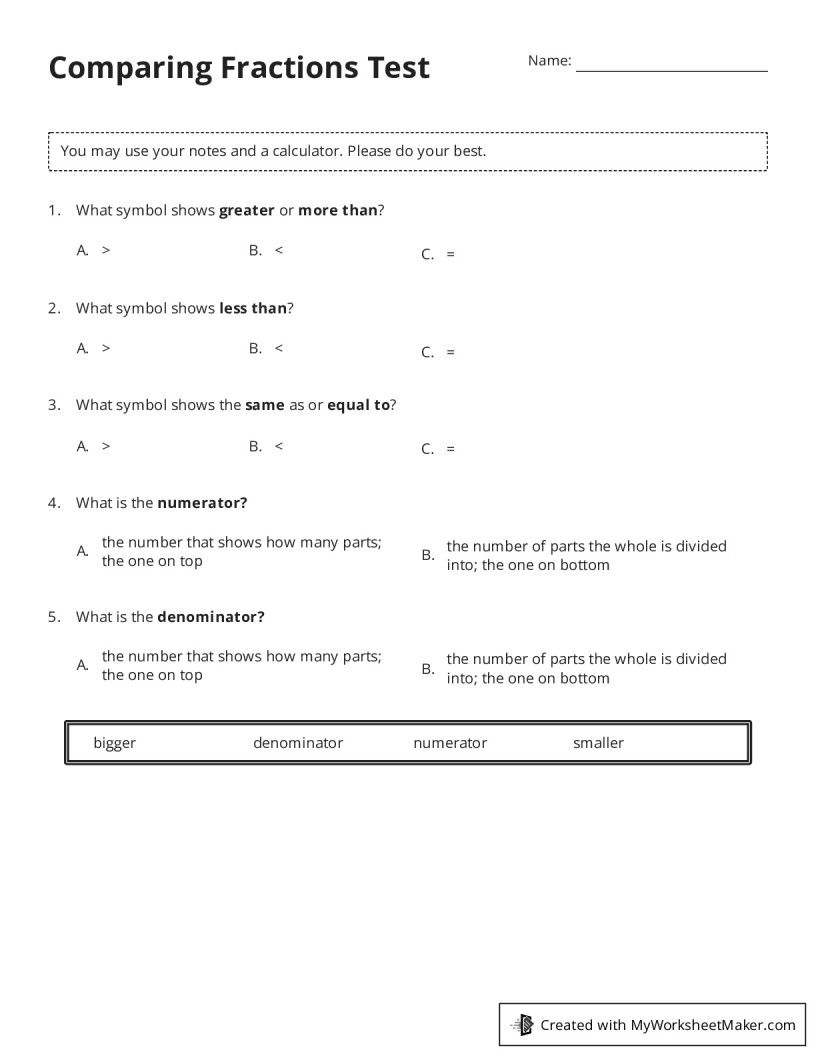 Comparing Fractions Test - My Worksheet Maker: Create Your Own Worksheets