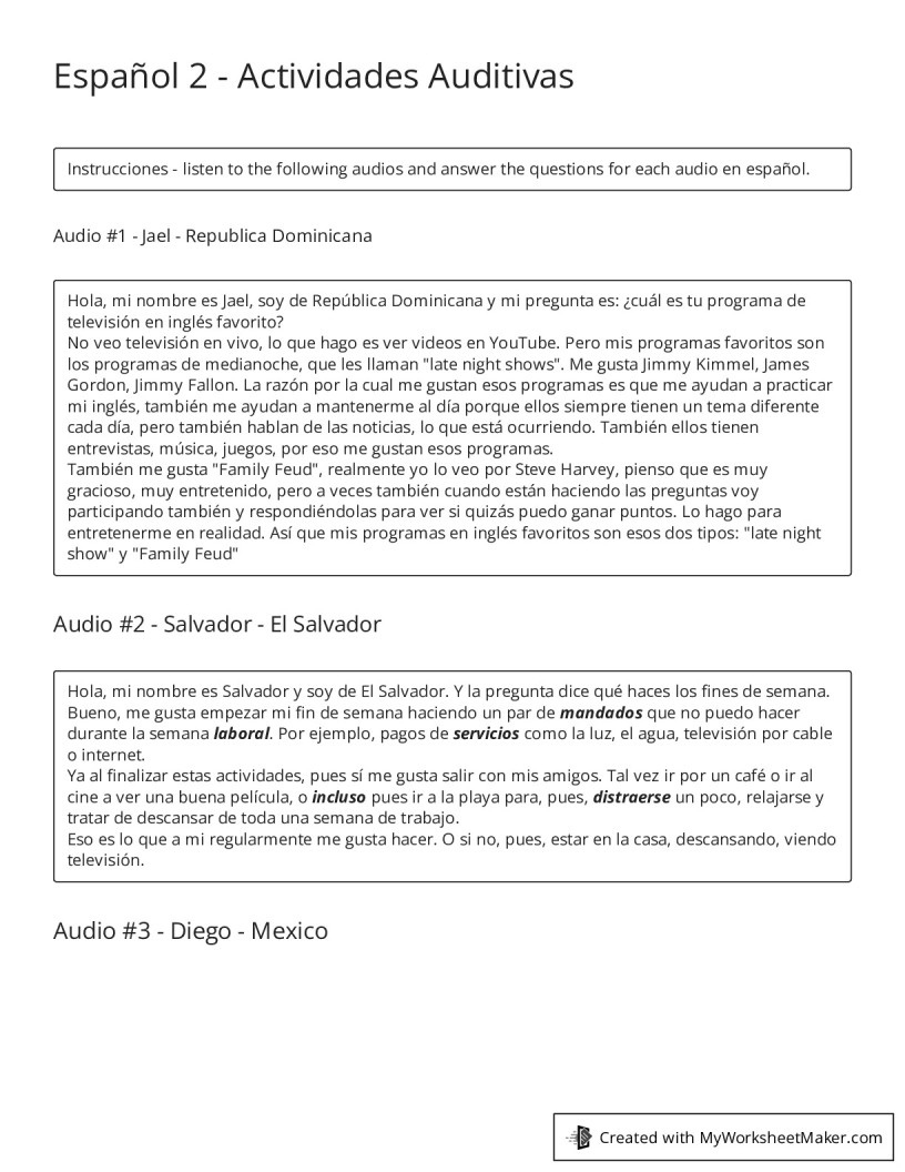Español 2 - Actividades Auditivas - My Worksheet Maker: Create Your Own ...